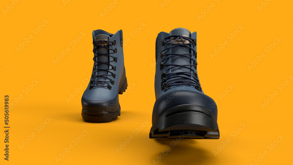 3d render blue shoes go forward on a yellow background, way forward ...