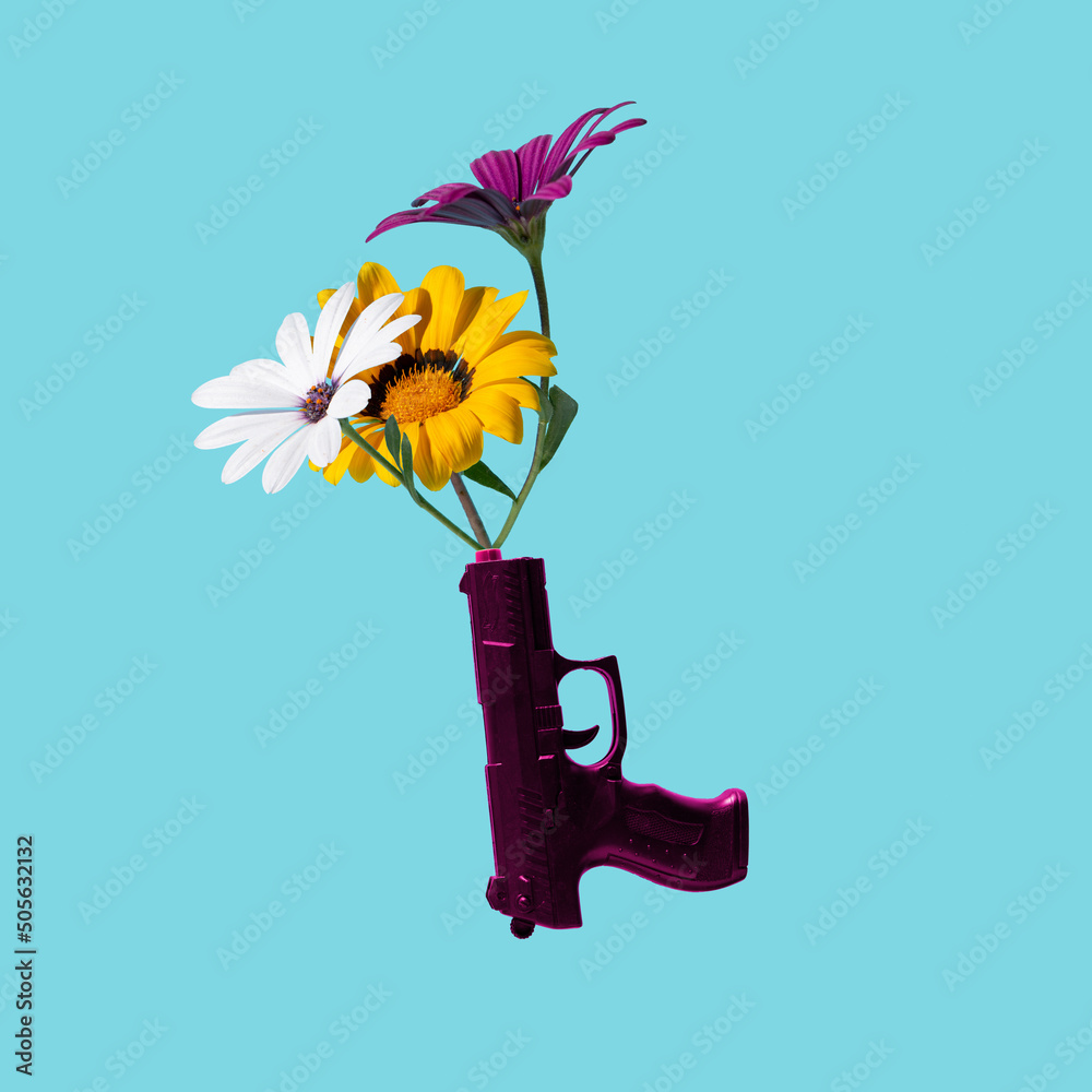 Flowers and a red gun, on a blue background. Concept - turn weapons ...