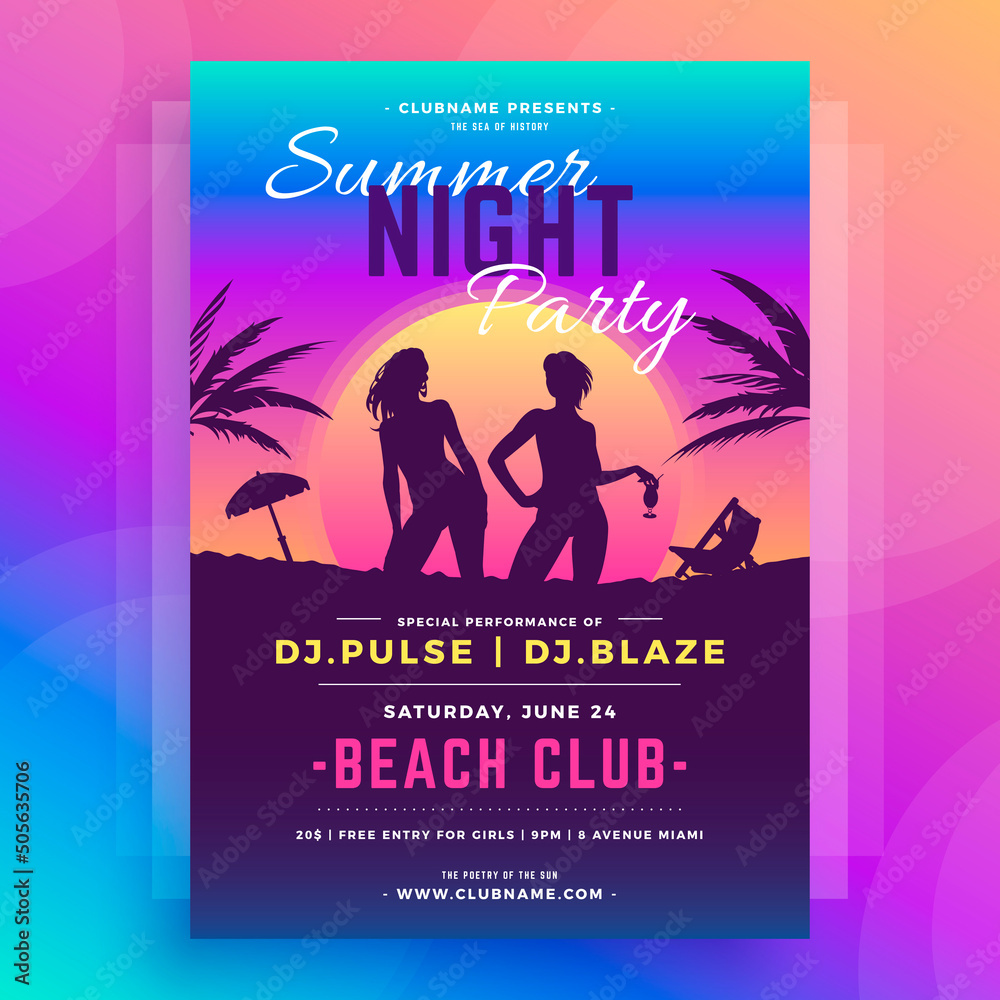 Night club discotheque summer beach party poster template neon design ...