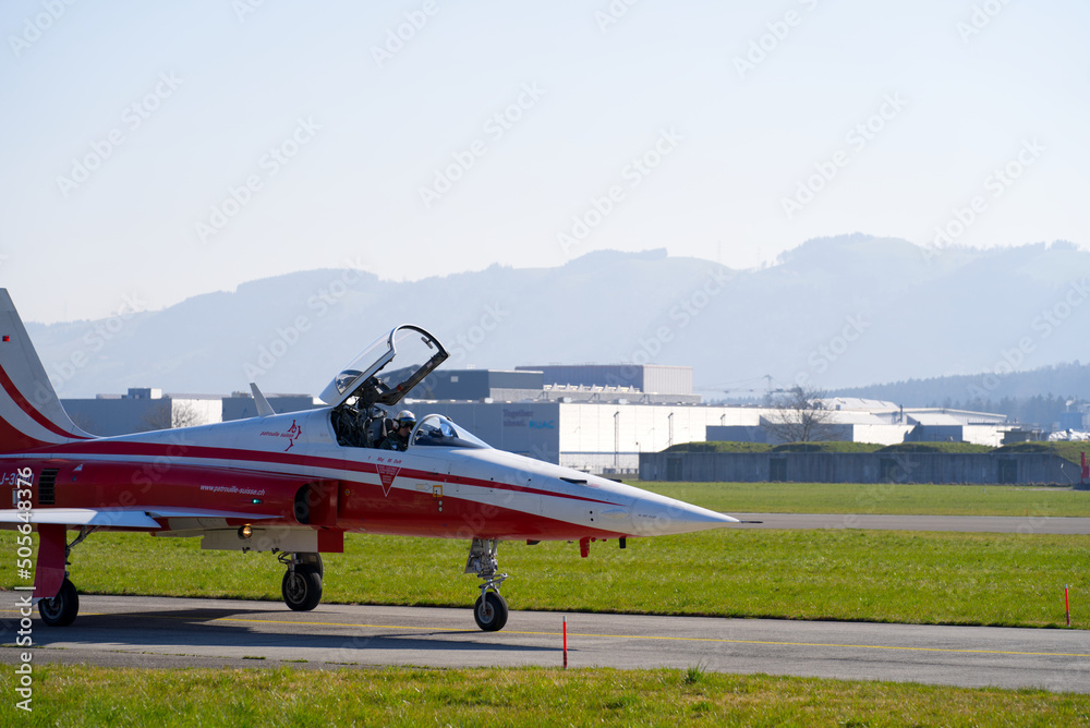 Fighter plane Northrop F-5E Tiger II of Patrouille Suisse taxiing to start at Swiss Air Force ...