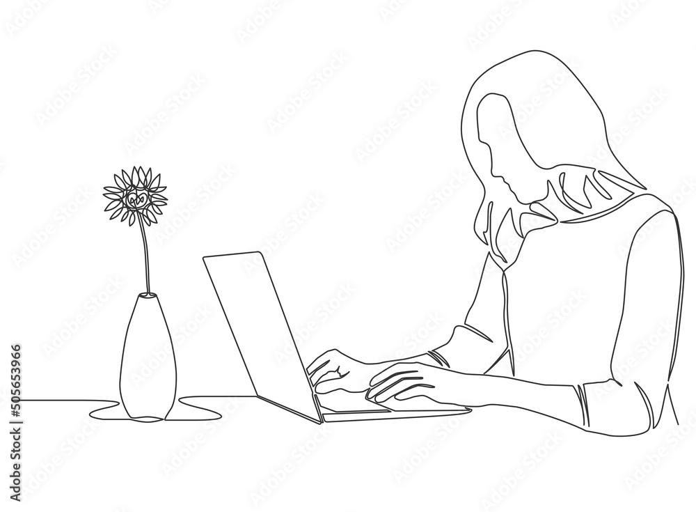 single line drawing of woman using laptop computer, line art vector ...