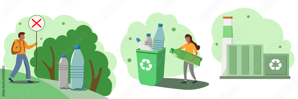 Plastic pollution illustration set. Characters protest against plastic ...