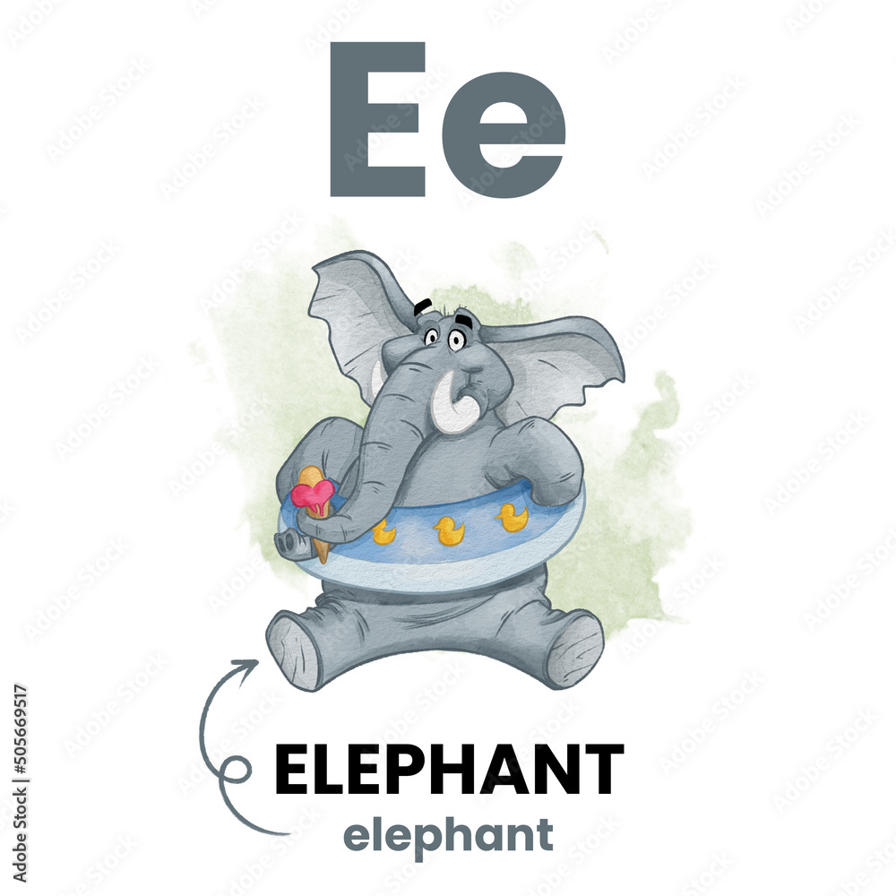 E letter animal flashcard, Elephant character illustration for children ...
