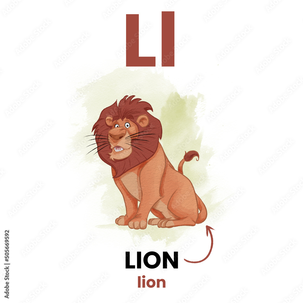 L letter animal flashcard, L,on character illustration for children ...