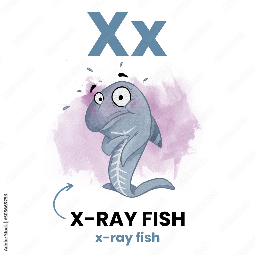 X letter animal flashcard, X-Ray fish character illustration for ...