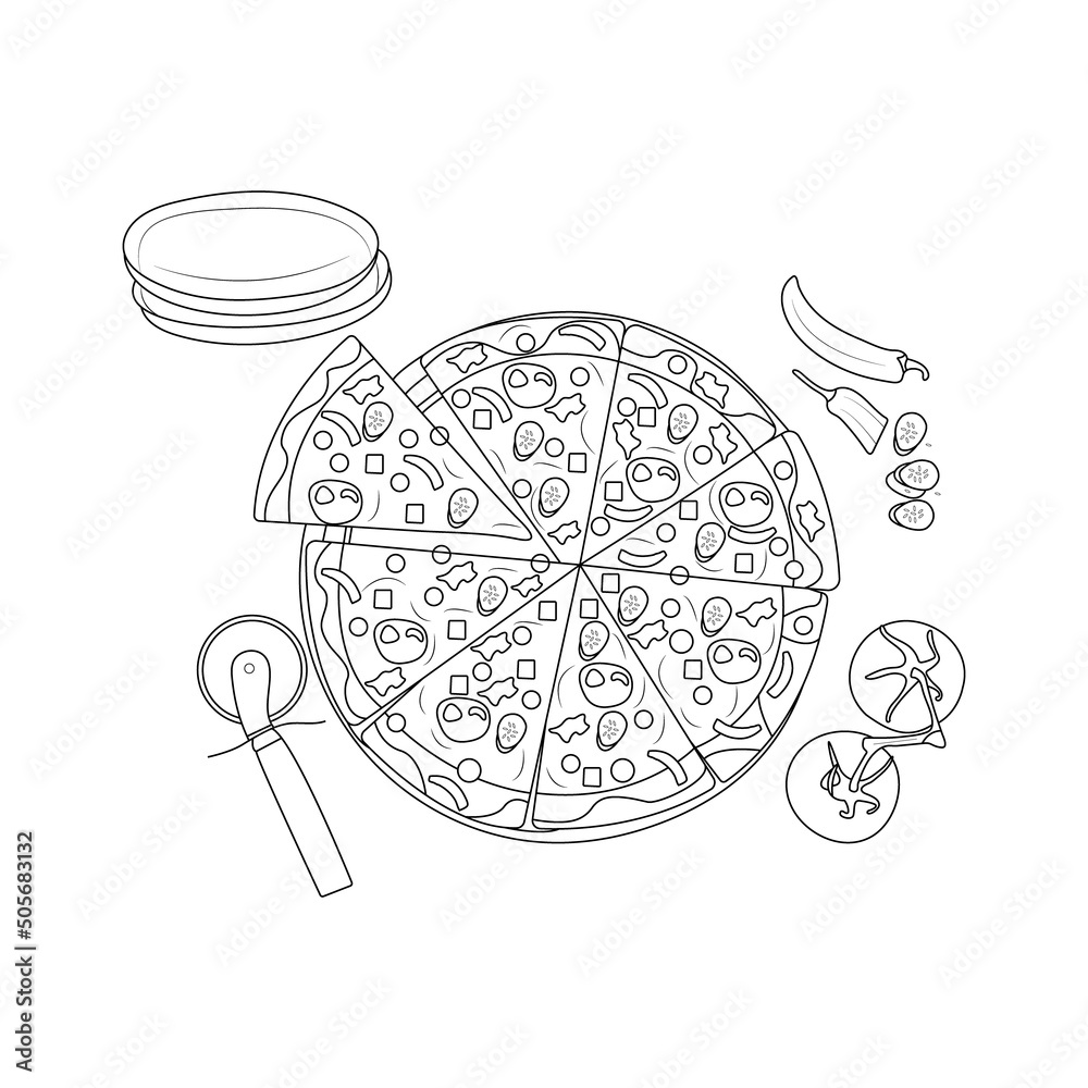 kdp yummy pizza fast food coloring pages for kids & adults Stock Vector ...