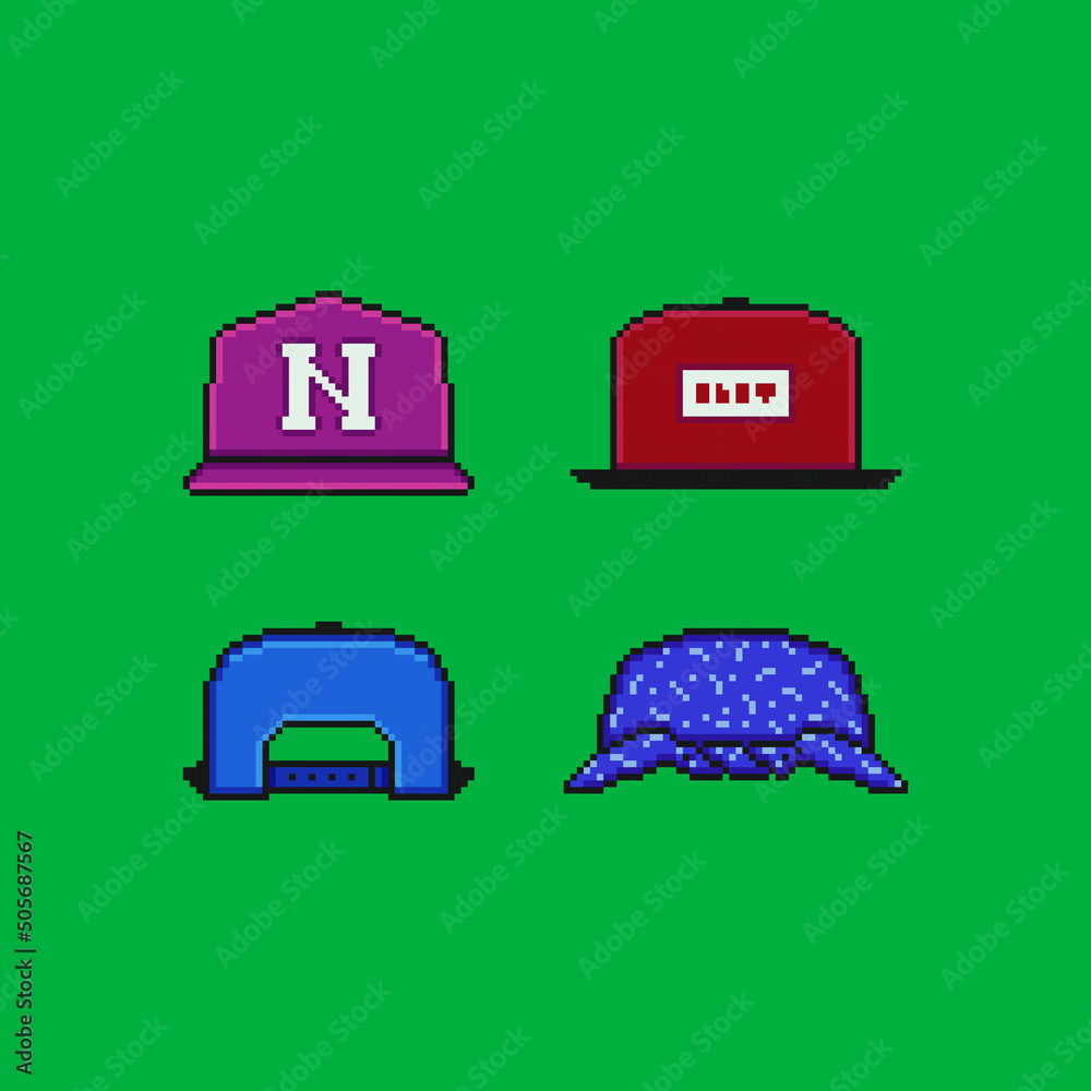 Pixel art vector illustration icon set. Baseball cap, front and back ...