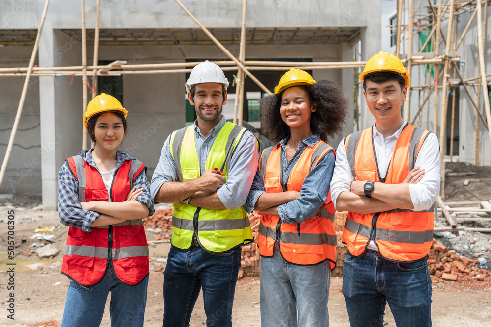 Group of diverse teamwork civil engineers and architect wear safety ...