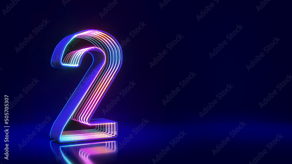 Number two sci-fi style Neon lights on dark blue background,3d ...