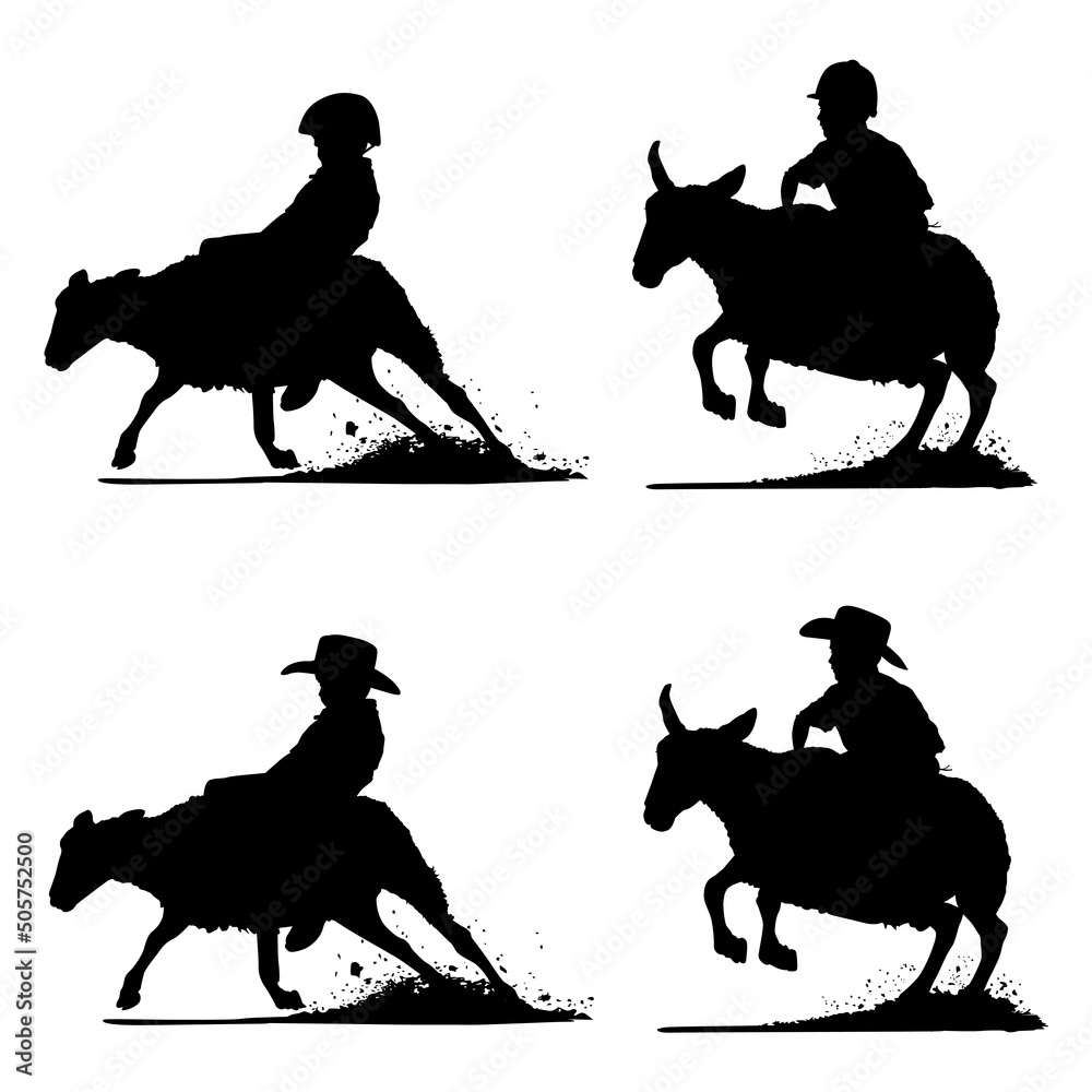 Vector silhouettes of a young child rodeo cowboy riding a bucking sheep ...