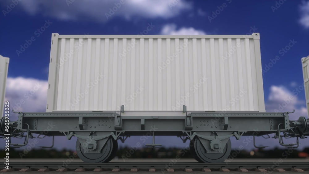 Cargo train with blank white containers. Railway transportation. 3d ...