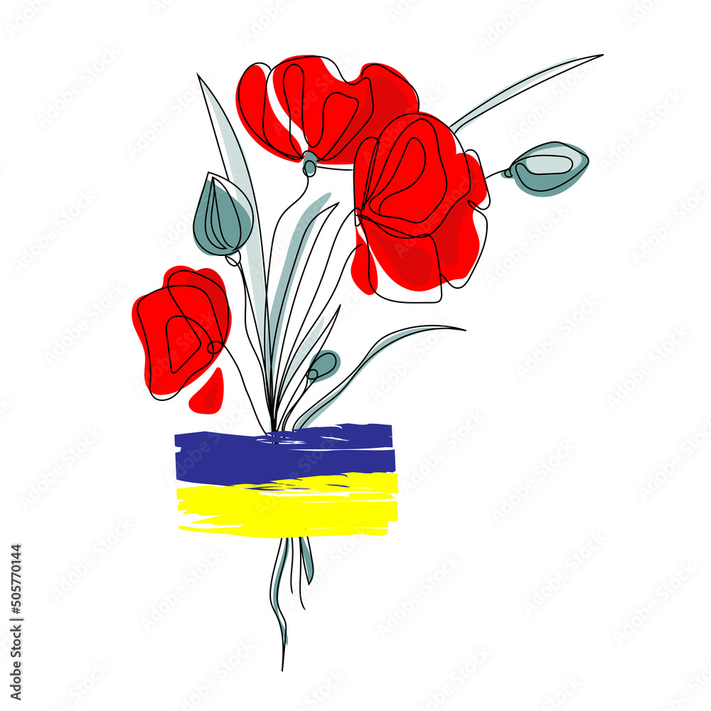 Ukraine symbol Red poppies flowers with Blue-yellow flag of Ukraine ...