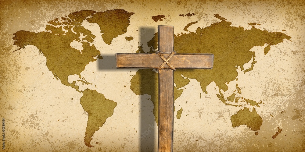 The Holy Cross and the World Gospel on world background. Stock Photo ...