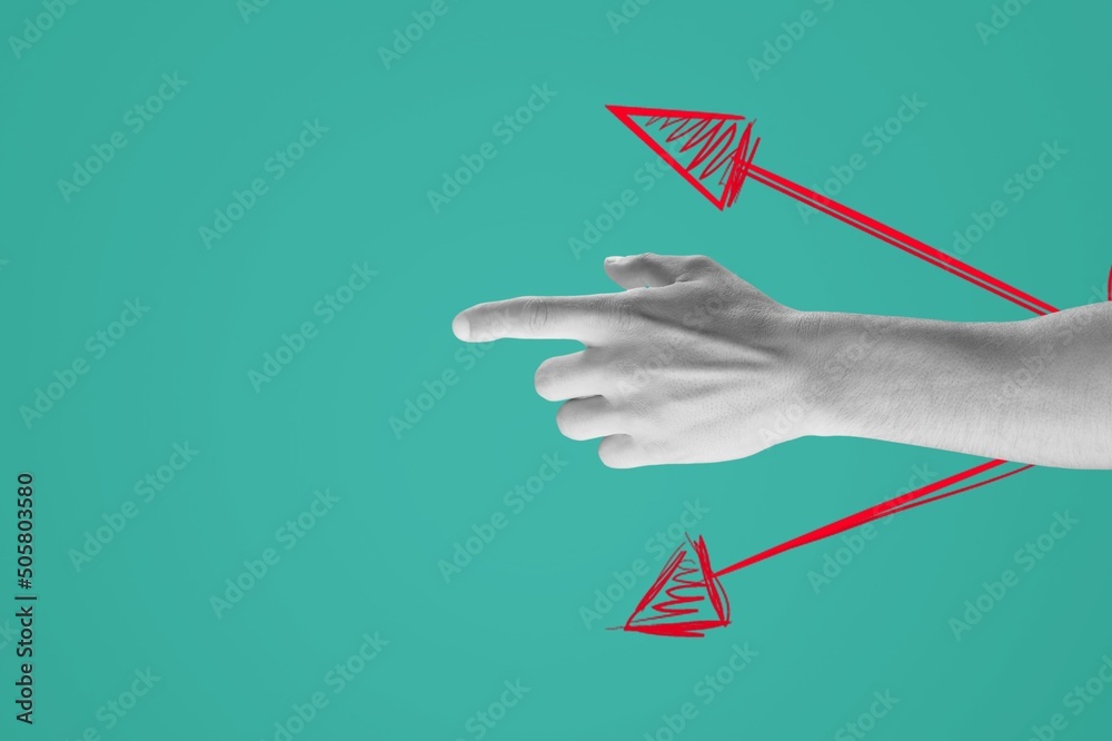 Hand pointing finger, with red arrow. Digital collage modern art. Stock ...