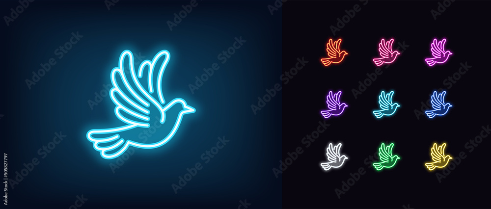 Outline neon dove icon. Glowing neon flying dove silhouette, pigeon ...