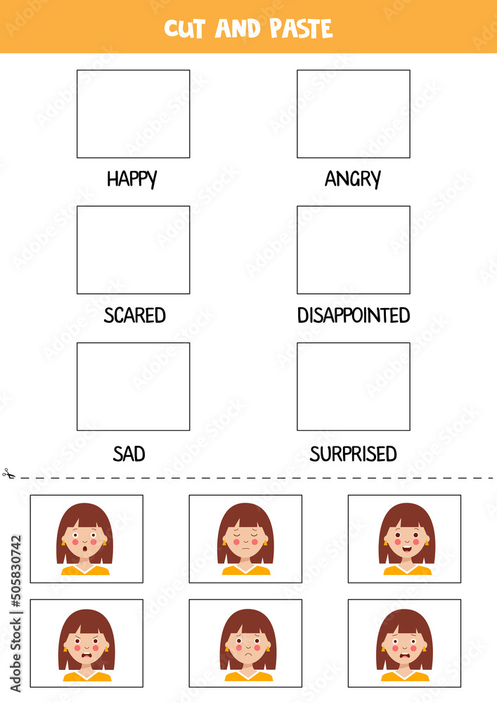 Cut emotion pictures and paste them into right boxes. Worksheet for ...