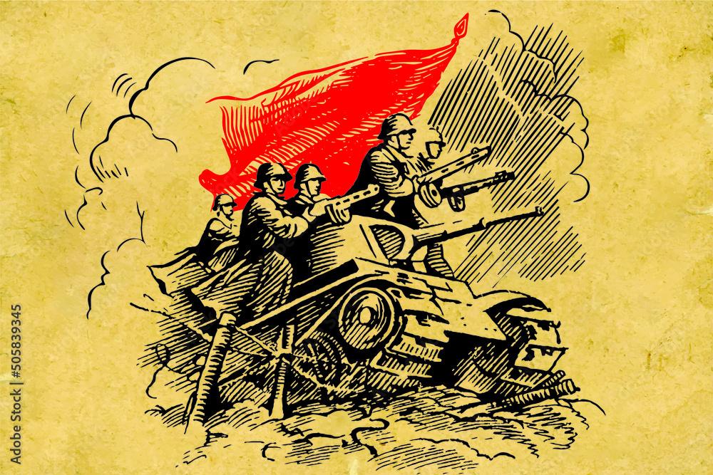 Tank and soldiers with a red flag on the battlefield Stock Vector ...