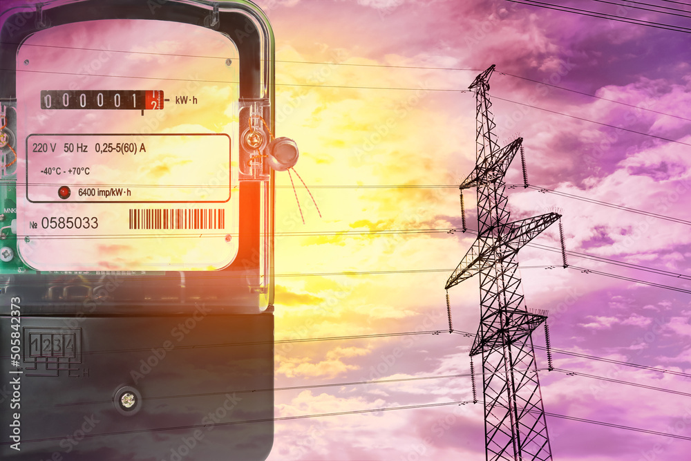 Double exposure of electricity meter and high voltage tower with ...