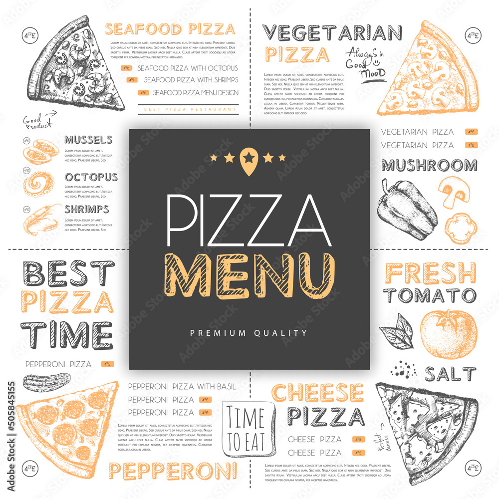 Pizza restaurant menu design with hand drawing elements. Vector ...