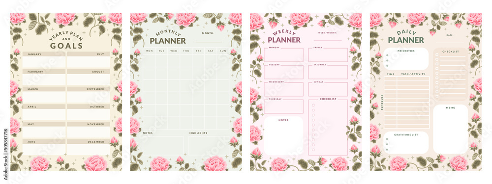 Set of feminine aesthetic printable vector monthly planner, weekly ...