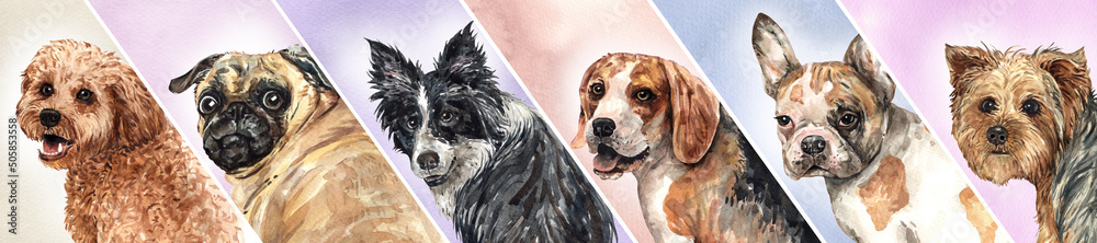 Border from watercolor portraits of dog, Watercolor dogs set, Banner ...
