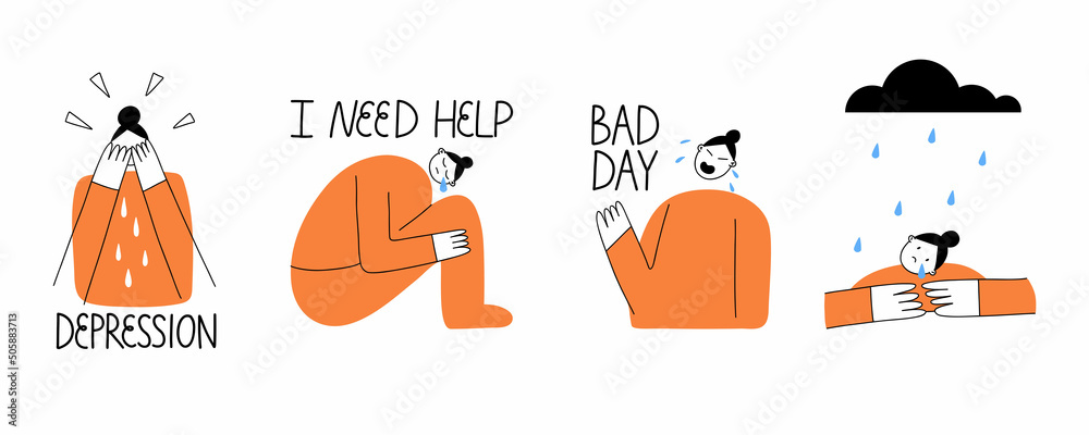 Crying women. Unhappy people in depression, girl mood, sad negative ...