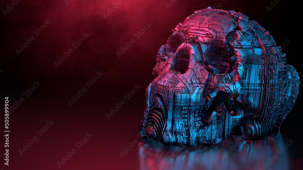 Scary occult still life with human skull. Alien technology with organic ...