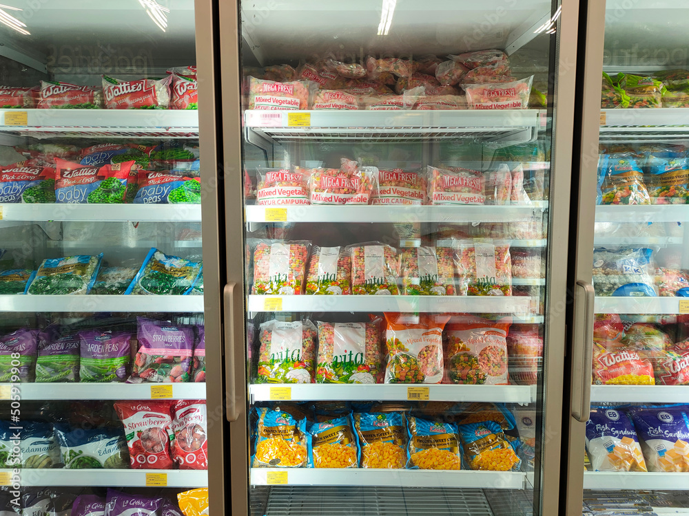 SELANGOR, MALAYSIA -MARCH 5, 2022: Pastries and frozen food in a ...