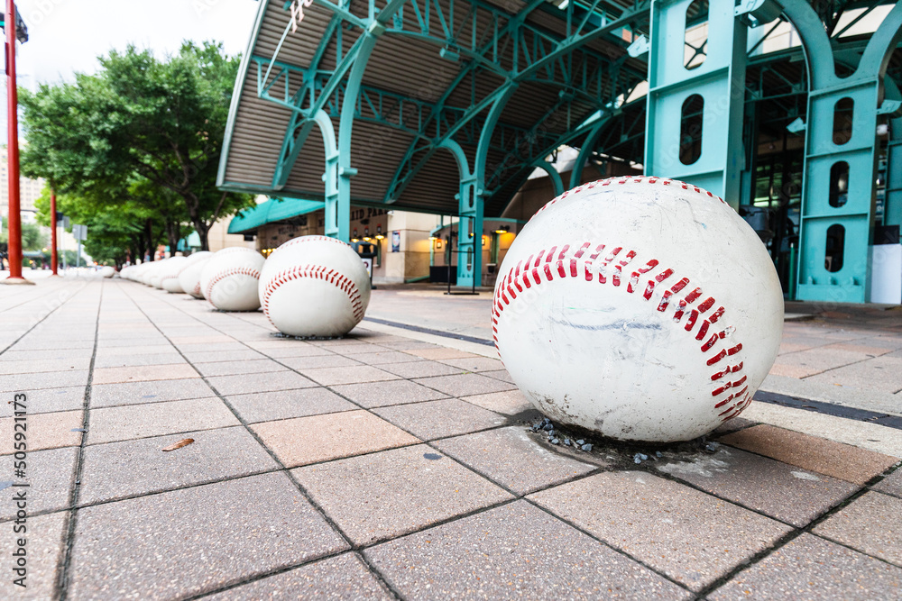 HOUSTON, TX, USA - SEPTEMBER 10, 2018: Oversized baseball's sit outside ...