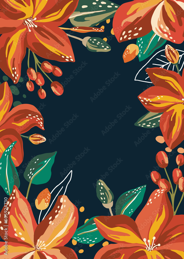 Navy red floral graphic frame template. Bloom abstract flowers border ...