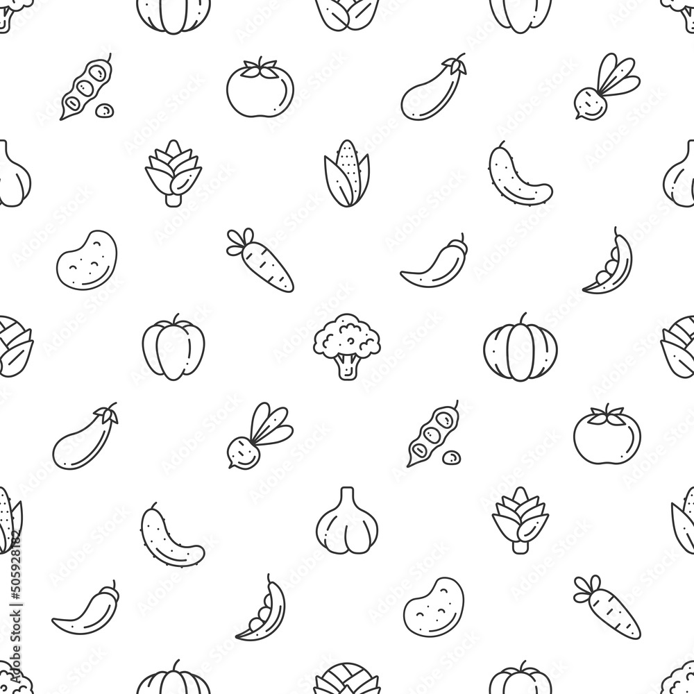 Seamless pattern with outline minimalistic vegetable icons for prints ...