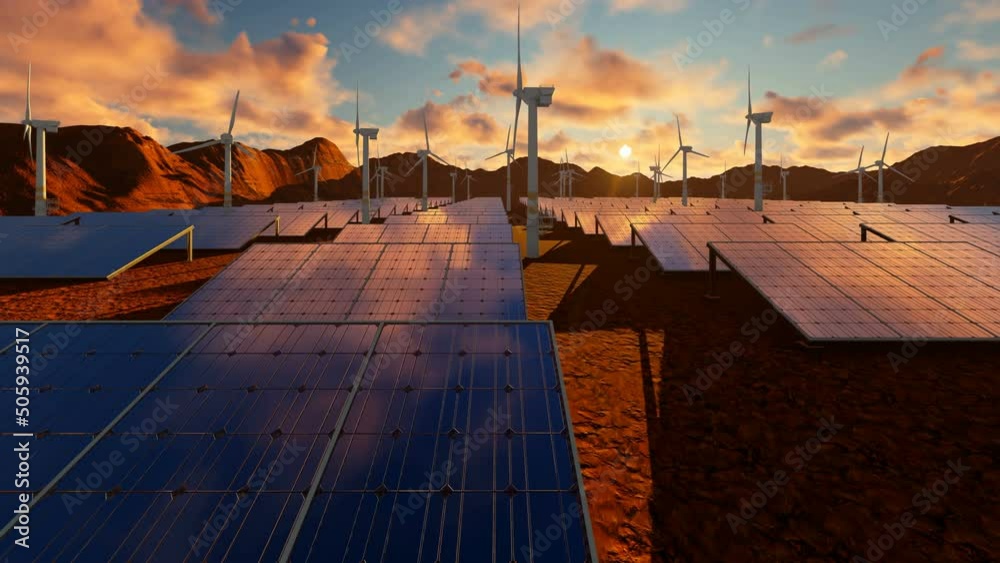 Stockvideon Solar panel cells and rotating wind turbines on the green ...