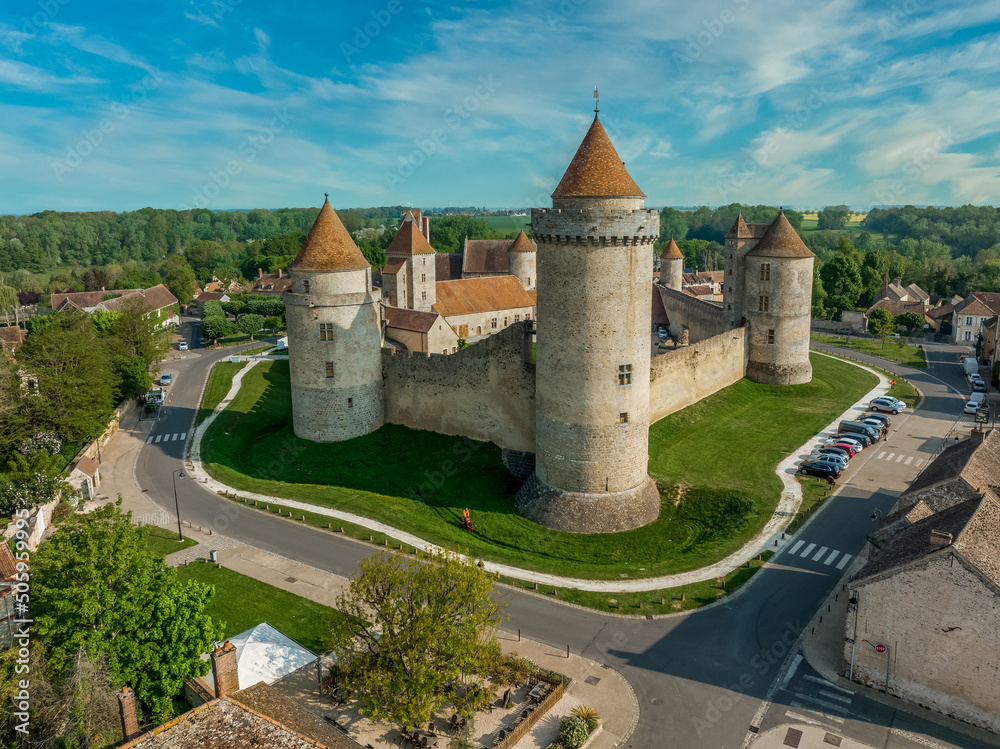 Aerial view of Blandy castle in Northern France typical feudal fortress ...