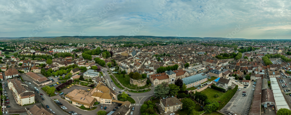 Aerial view of Beaune walled old town center, wine capital of Burgundy ...