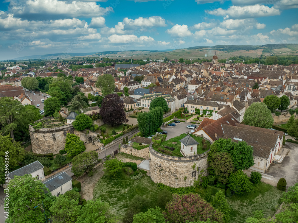 Aerial view of Beaune walled old town center, wine capital of Burgundy ...