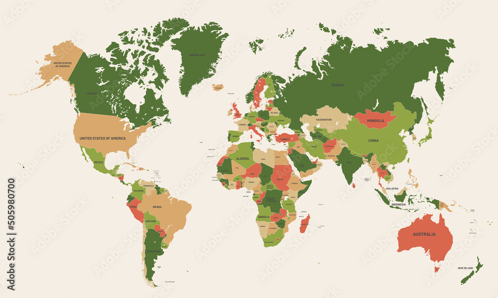 World map in pastel color tones. Country borders are colored ...
