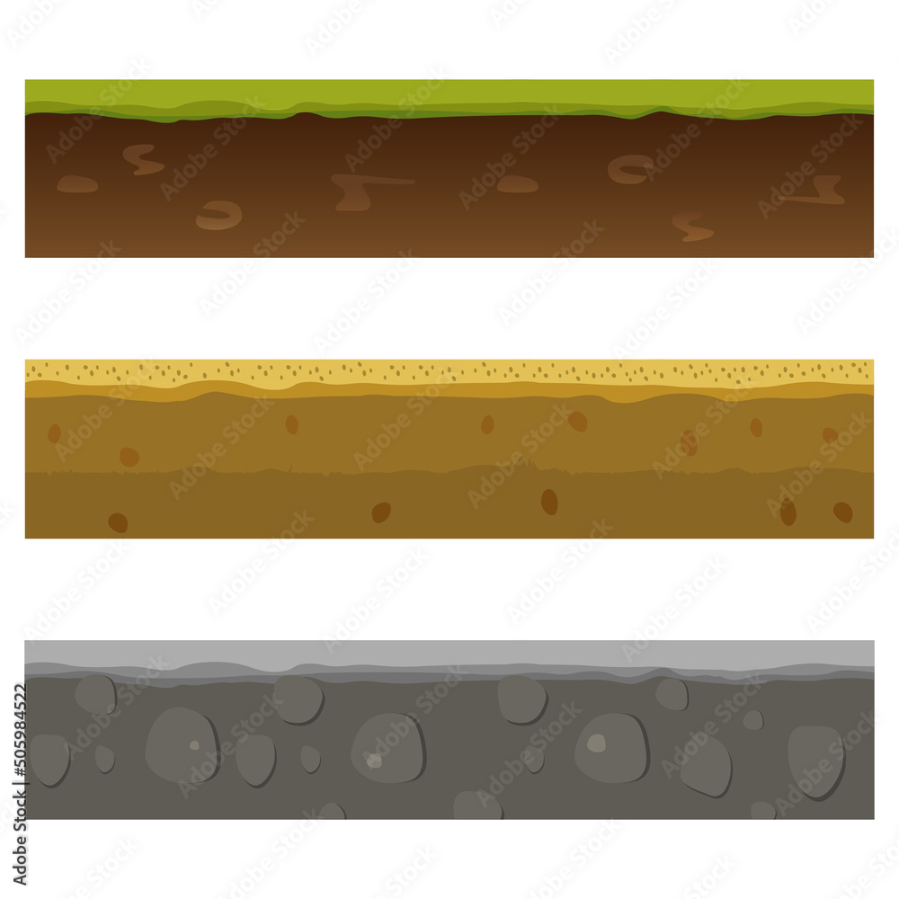 Soil, ground, and underground layers, cartoon seamless game levels ...