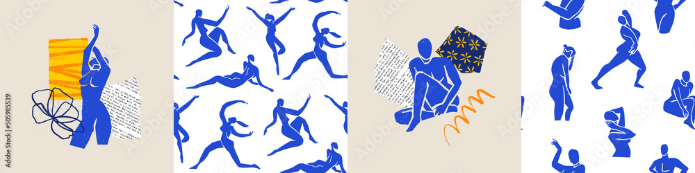 Abstract androgynous blue people body illustration set with seamless ...