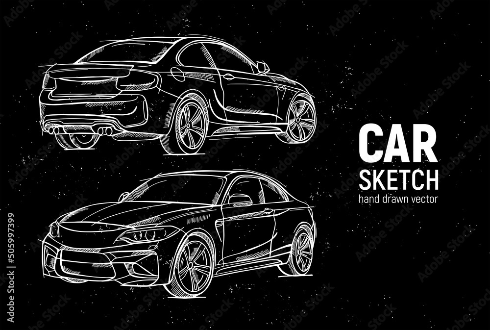 Hand drawn sketch car vector set. Three-quarter view and half-turn view ...