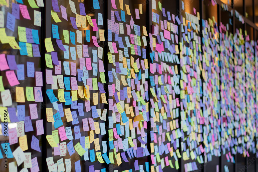 Colorful sticky notes with a variety of messages and emojis are seen on ...
