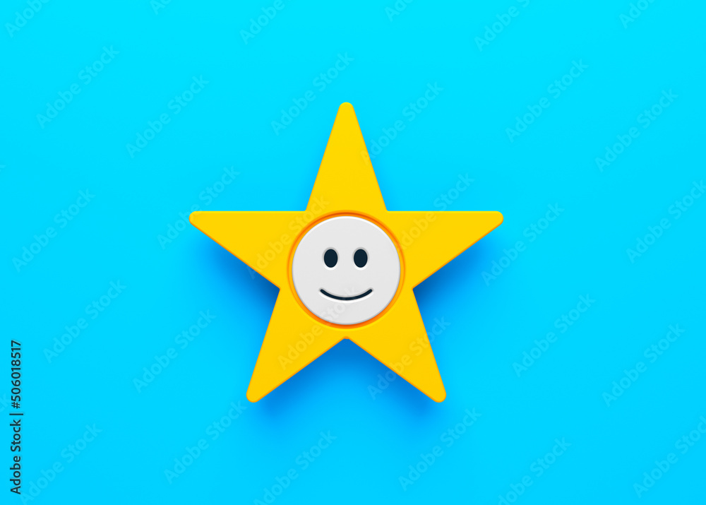 Orange color star shape and face expression icon. On blue color ...