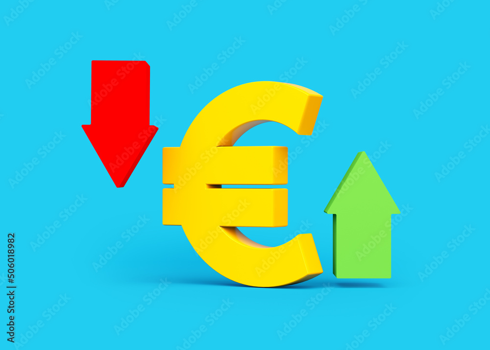 Yellow color euro symbol, red and green arrows. On light blue color ...