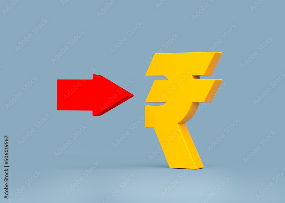 Yellow color rupee symbol and red arrow. On light grayish-blue color ...