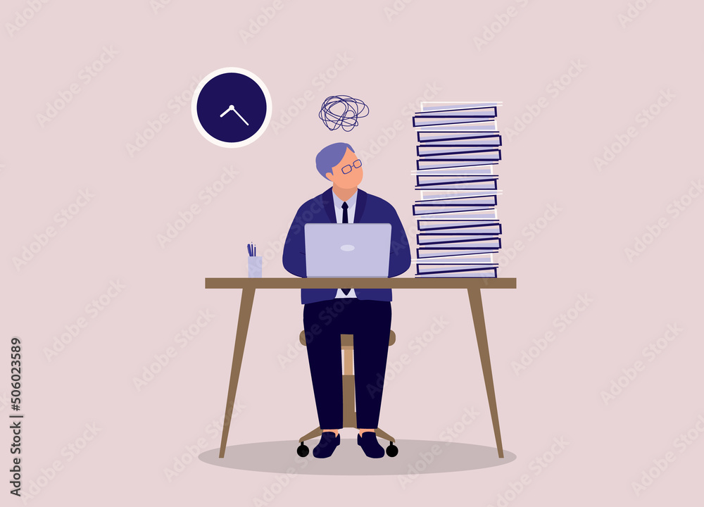 One Stressful Senior Male Employee Working Overtime Due To Overload Of ...