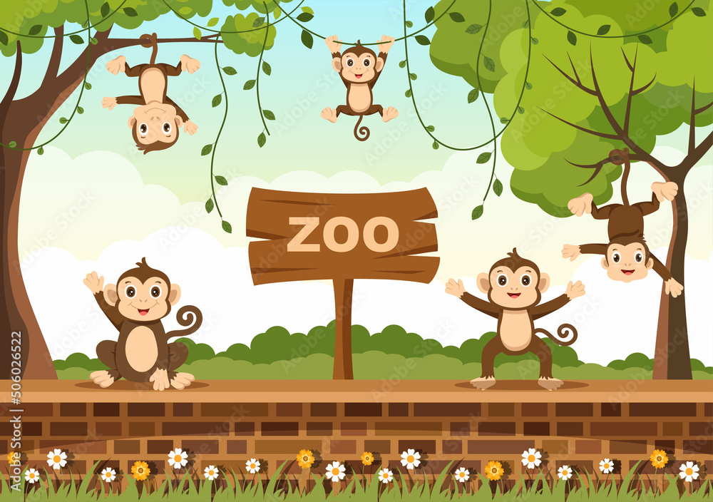 Zoo Cartoon Illustration with Safari Animals Monkey, Cage and Visitors ...