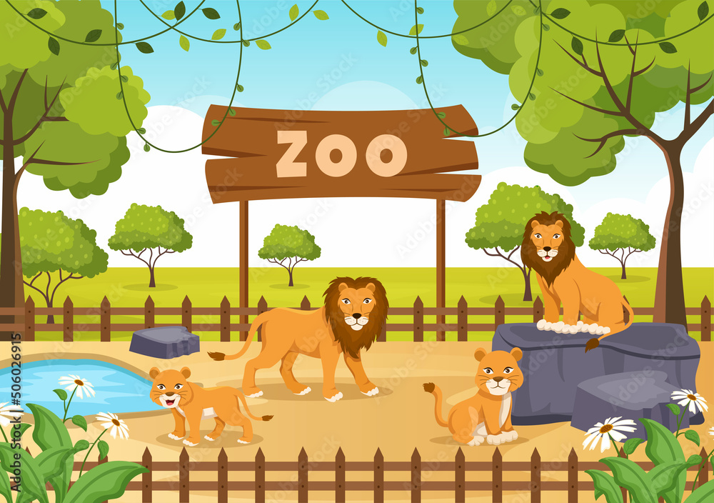 Zoo Cartoon Illustration with Safari Animals Lion, Tiger, Cage and ...