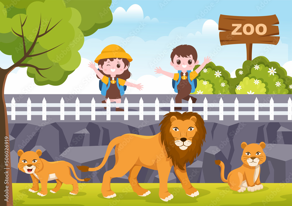 Zoo Cartoon Illustration with Safari Animals Lion, Tiger, Cage and ...