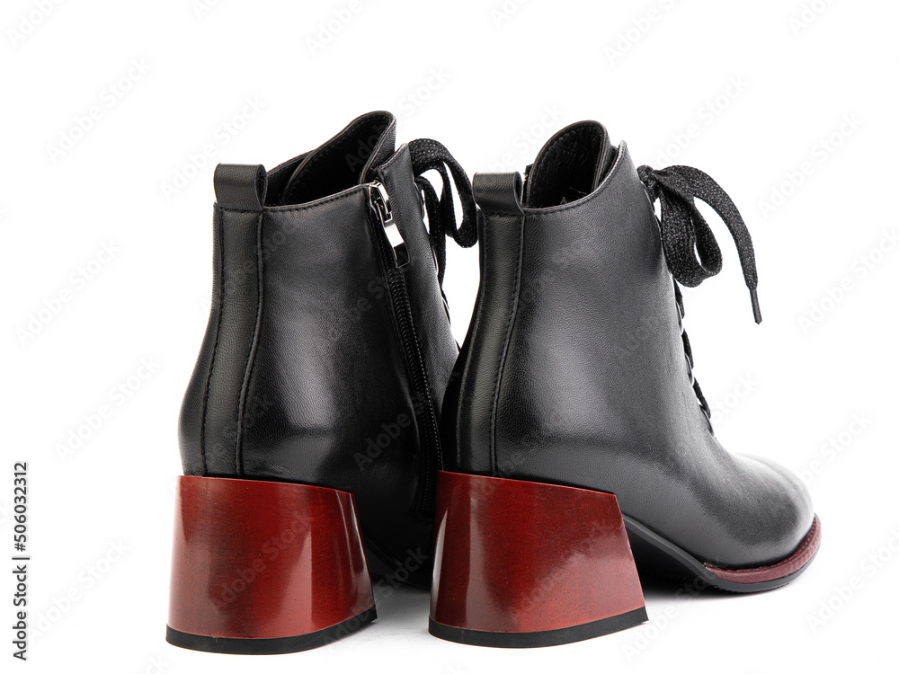Women's autumn ankle black leather boots with black zip and average red ...