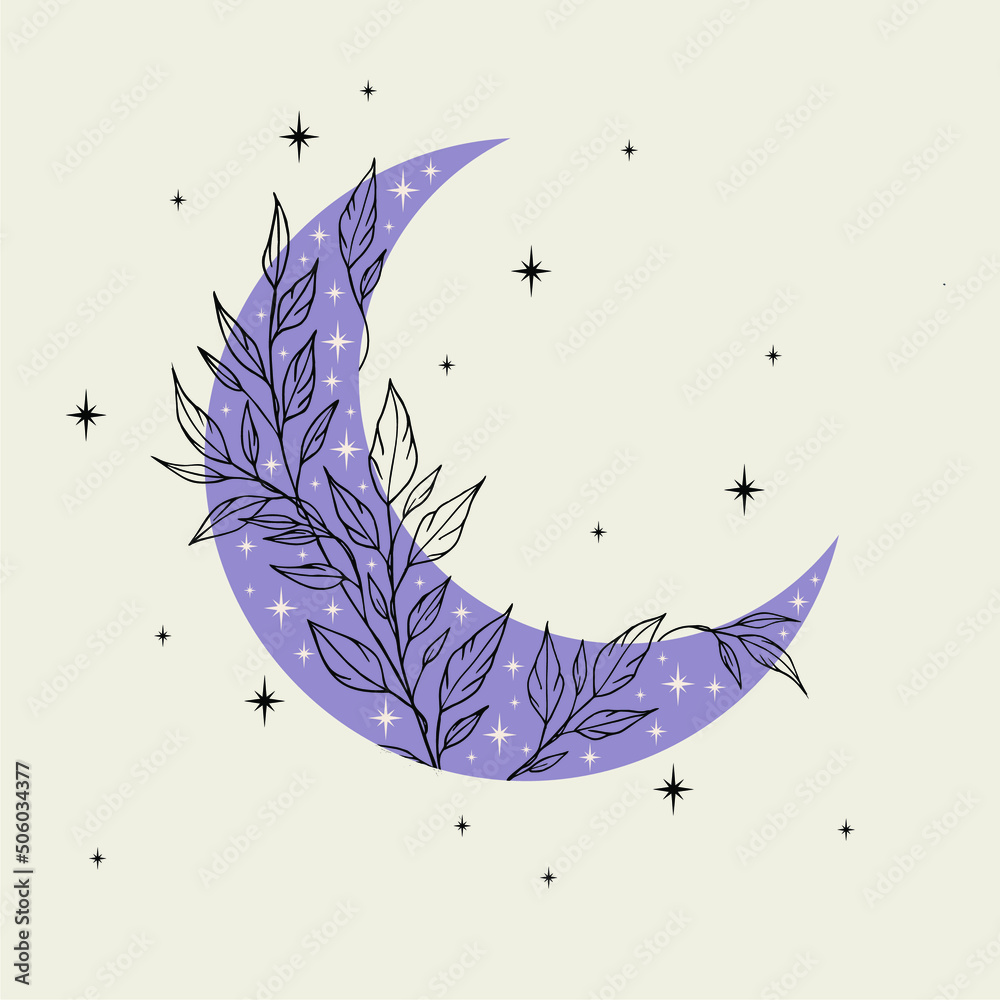 Crescent moon symbol. Beauty purple moon design. Celestial illustration ...