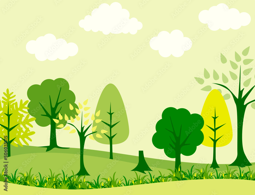 There is a forest and cut some trees. This green poster for cartoon ...